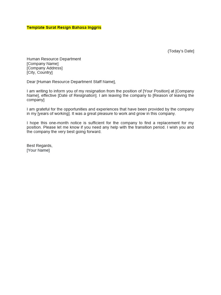Template Surat Resign Bahasa Inggris | PDF