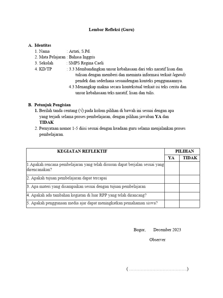 Lembar Refleksi Guru | PDF