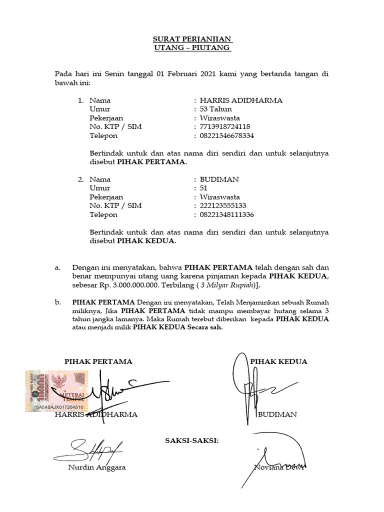 Contoh Surat Perjanjian Utang Piutang FH UII | PDF | Hukum