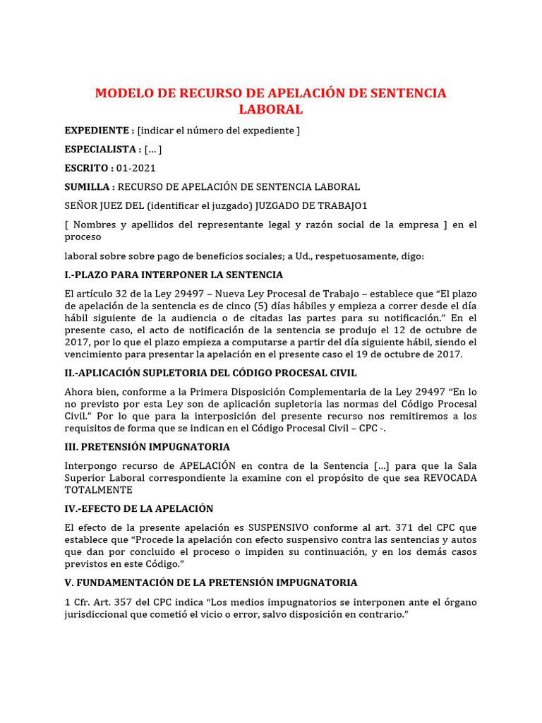 Modelo de Recurso de Apelación de Sentencia Laboral | PDF | Sentencia (ley) | Apelación