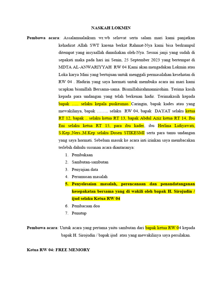 Susunan Acara Lokmin Puskesmas RW 04 | PDF