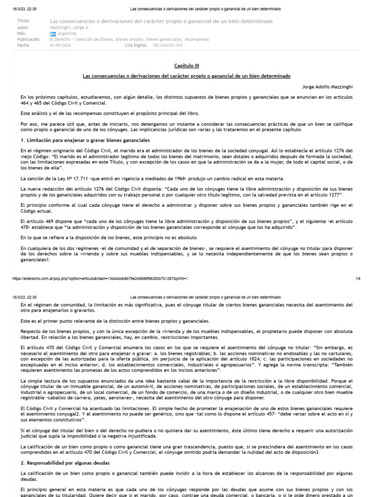 Las Consecuencias o Derivaciones Del Carácter Propio o Ganancial de Un ...