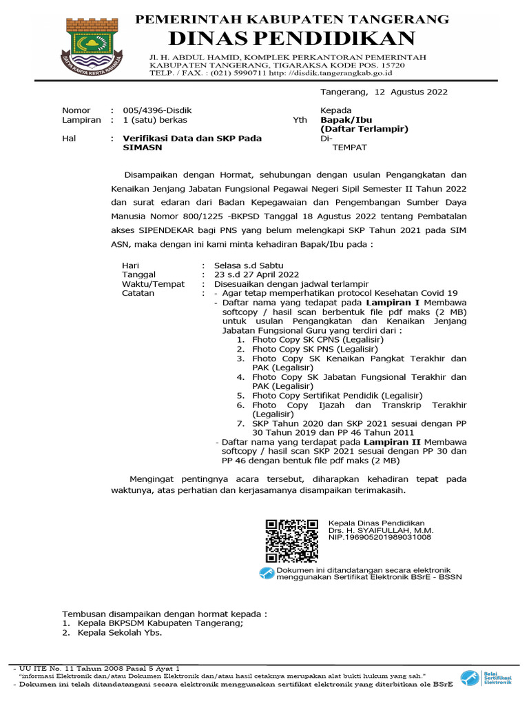 005-4396-Disdik Verifikasi Data Dan SKP SIMASN 2022 | PDF