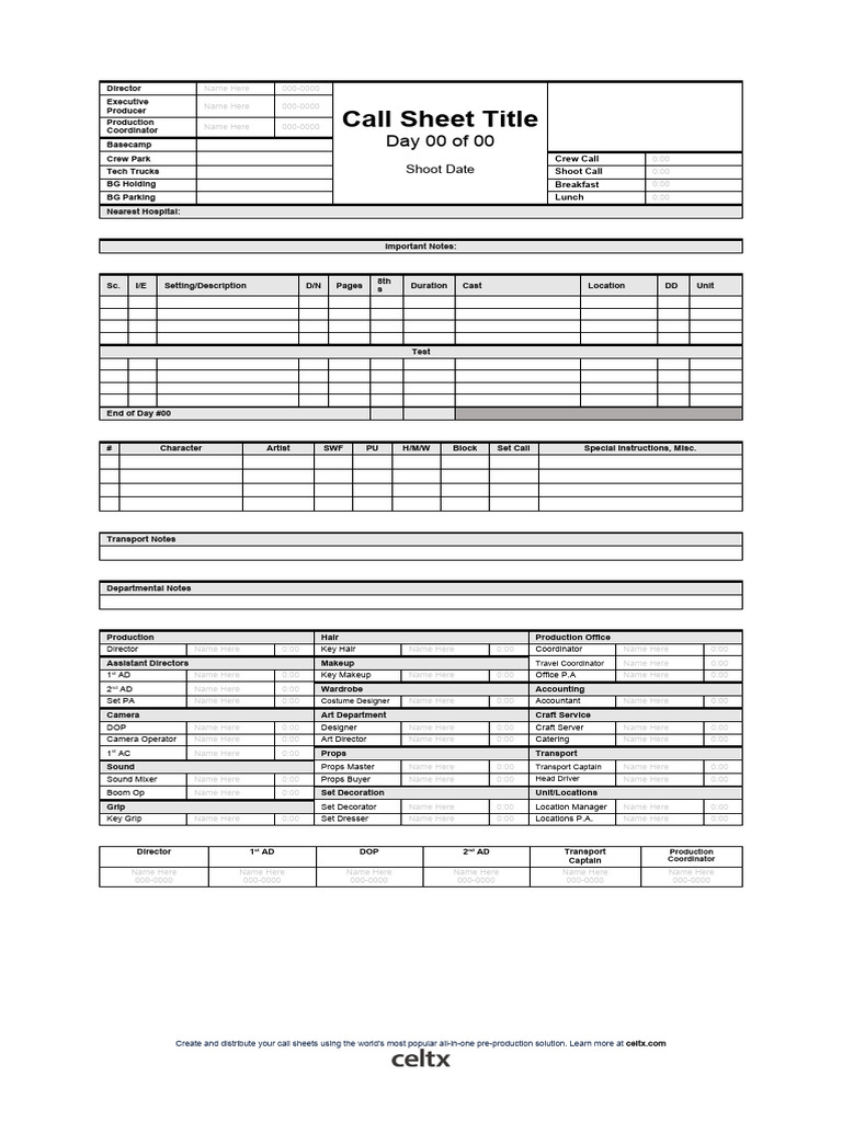 Celtx Call Sheet Template | PDF | Film Production