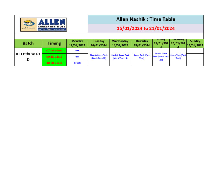 Allen Nashik: Time Table: Batch Timing | PDF