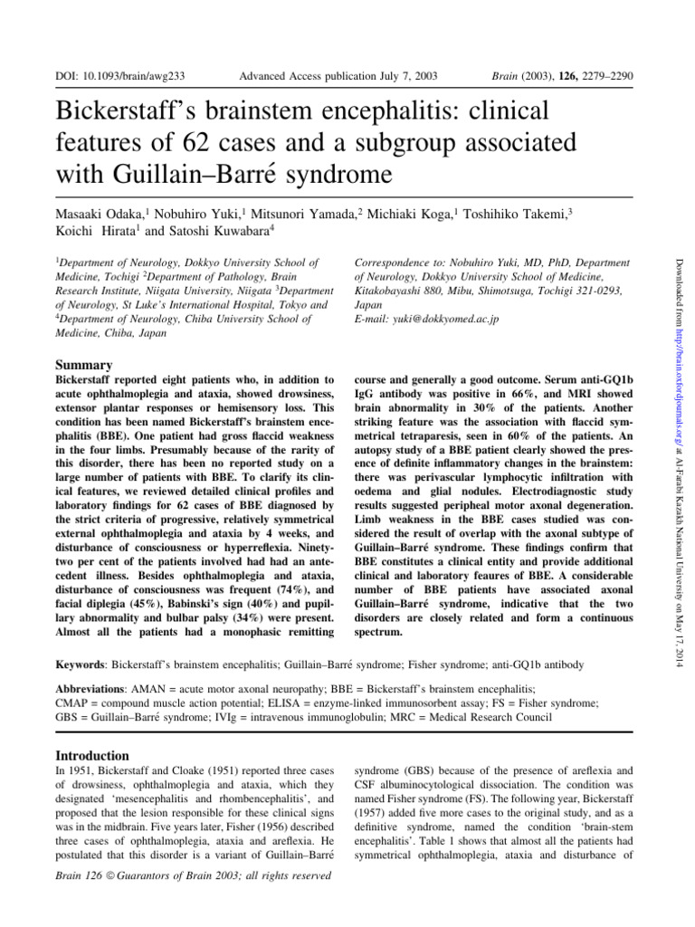 Bickerstaff'S Brainstem Encephalitis: Clinical Features of 62 Cases and ...