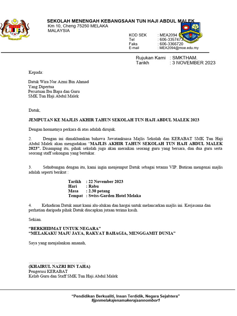 Surat - Jemputan - YDP - Datuk - Wira - YDP PIBG | PDF