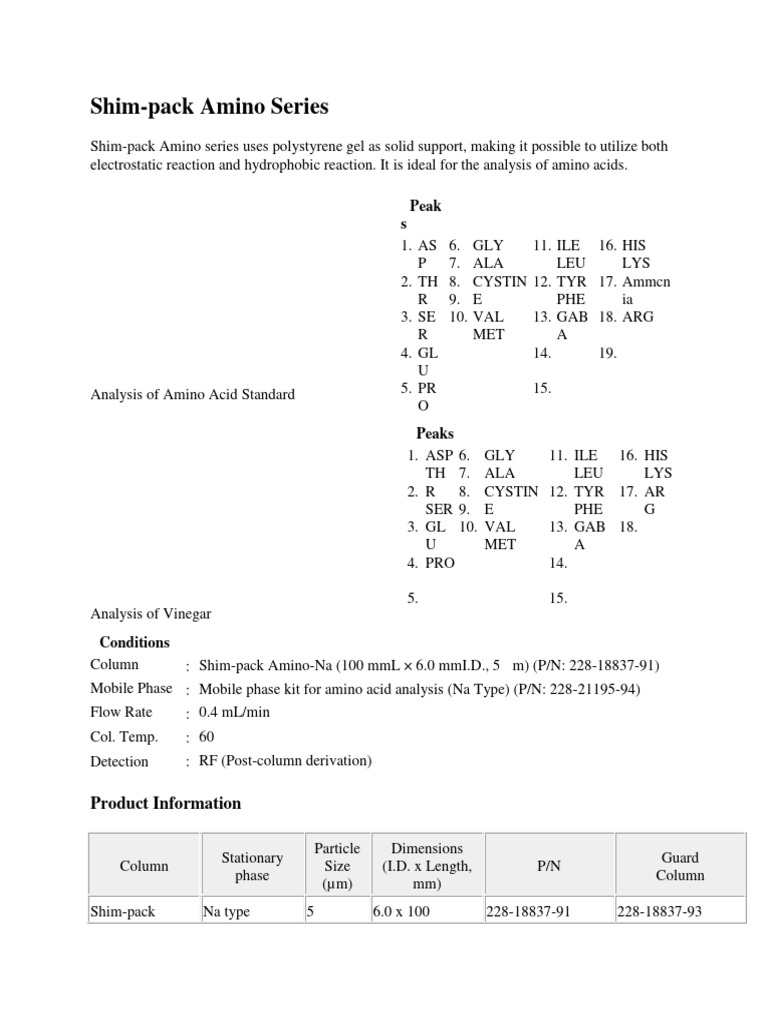 Shimadzu Amino Acid Column Shim-Pack Amino Series | PDF | Amino Acid ...