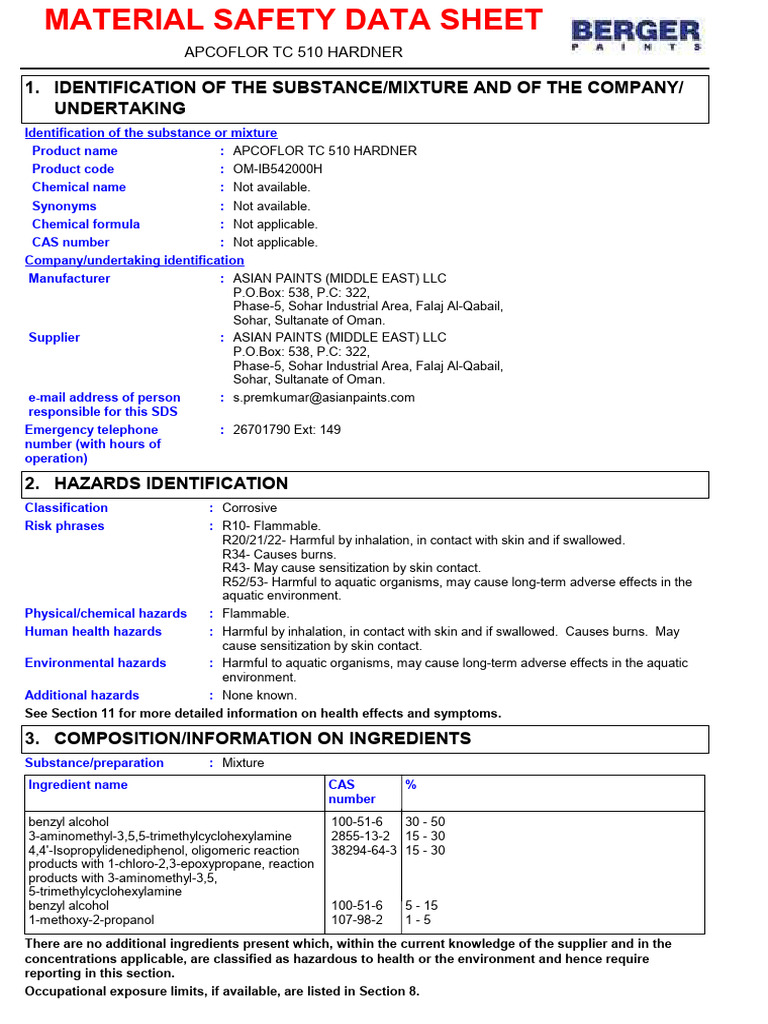 OM-IB542000H MSDS - Apcoflor TC 510 Hardener | PDF | Personal Protective Equipment ...