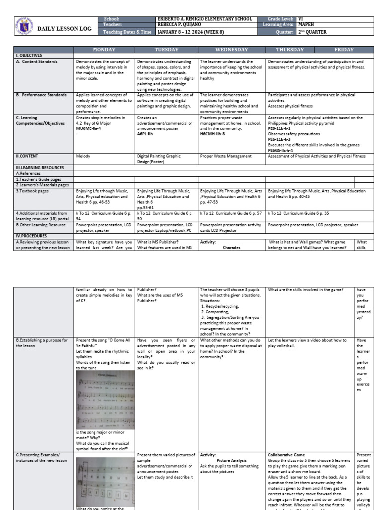 DLL - Mapeh 6 - Q2 - W8 | PDF | Learning | Teachers DLL - Mapeh 6 - Q2 - W8 | PDF | Learning | Teachers