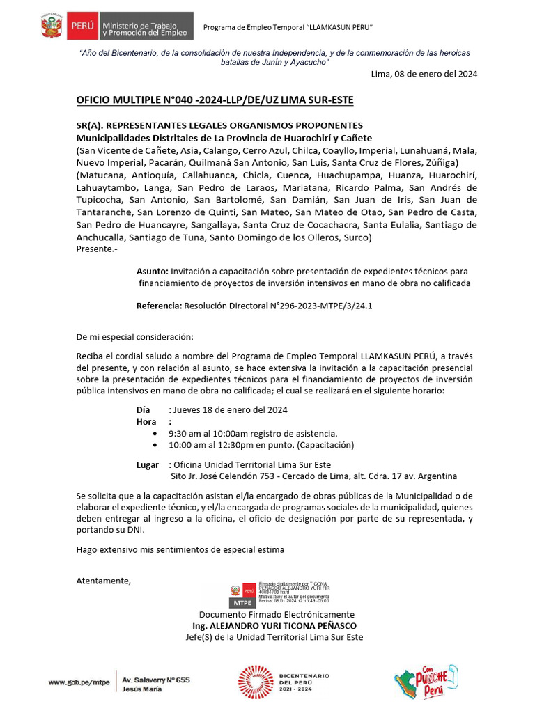Oficio Multiple 040-2024 Invitacion Capacitacion Dist Huarochirí Cañete ...