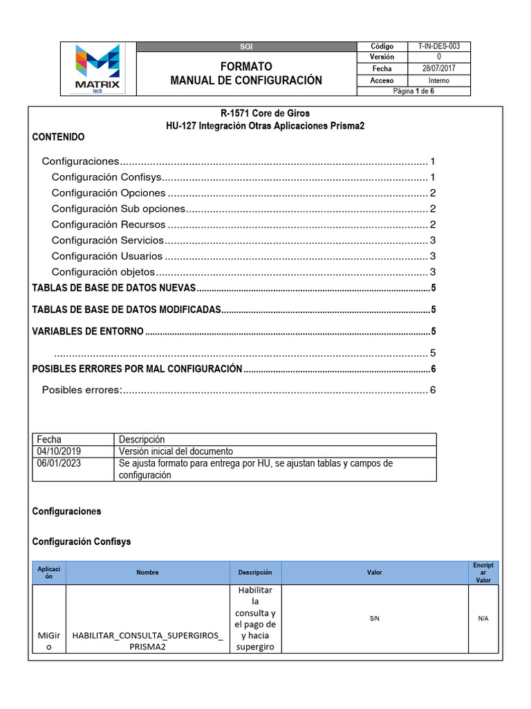 Formato Manual de Configuración HU 127 Prisma2 | PDF | SQL | Bases de datos