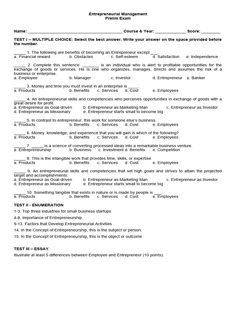 Prelim Exam - Entrep MGT | Download Free PDF | Entrepreneurship | Business