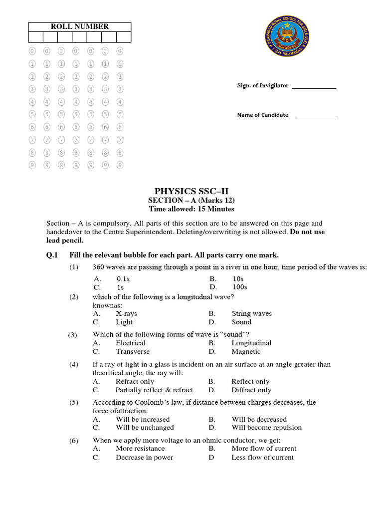Physics SSC-II Exam Paper | PDF | Waves | Electric Charge