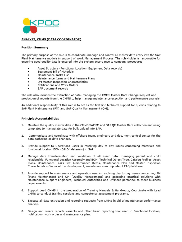 Analyst Cmms Data Coordinator Position Summary Download Free PDF