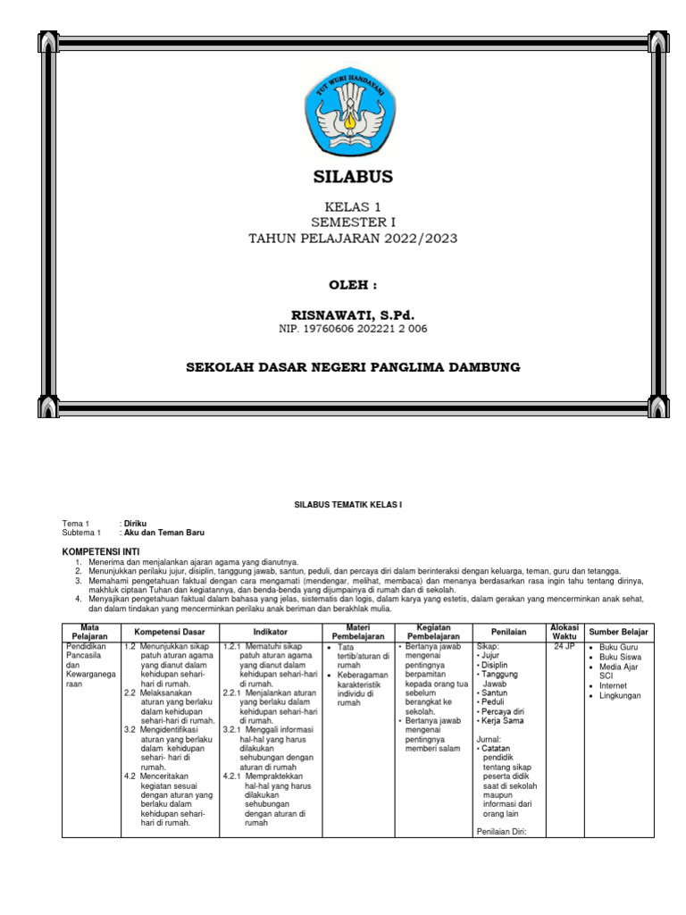 Silabus Tematik Kelas 1 Tema 1 (8 Kolom) | PDF