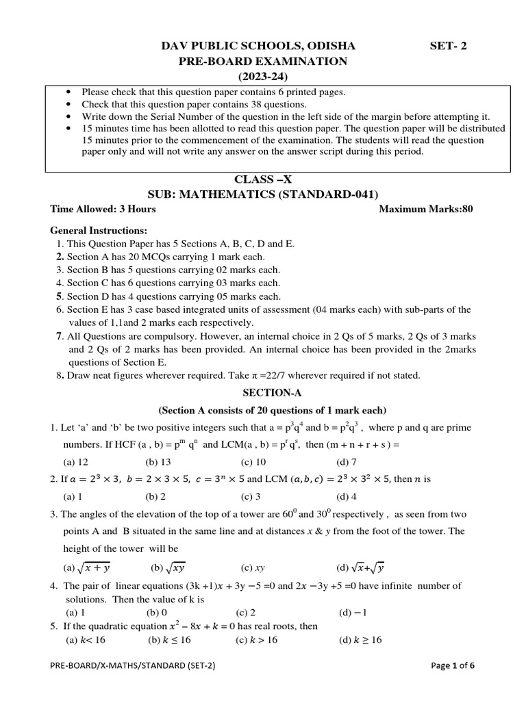 Class 10 Maths Pre-Board Exam Paper | PDF | Area | Geometric Shapes