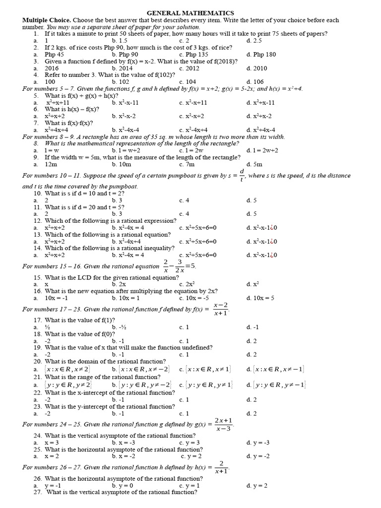 SUMMATIVE GenMath Q1 | PDF | Function (Mathematics) | Equations