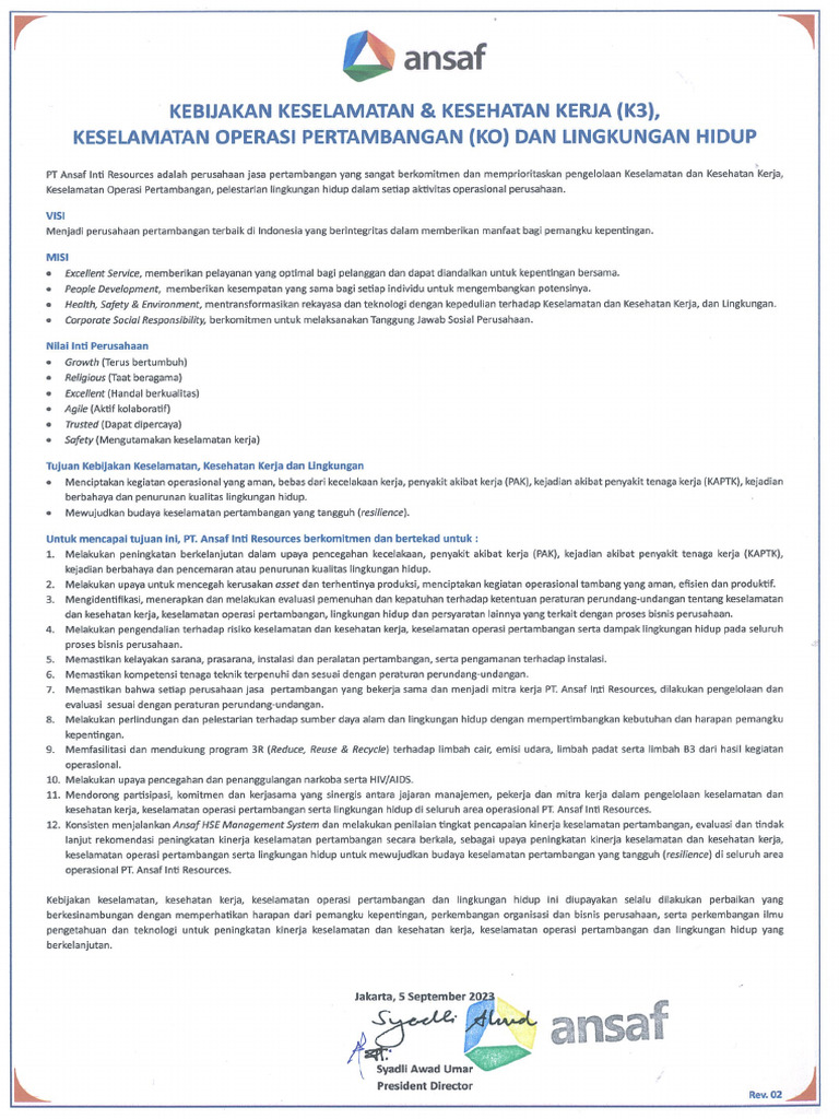 Kebijakan K3 KO L 05092023 (Rev. 02) | PDF