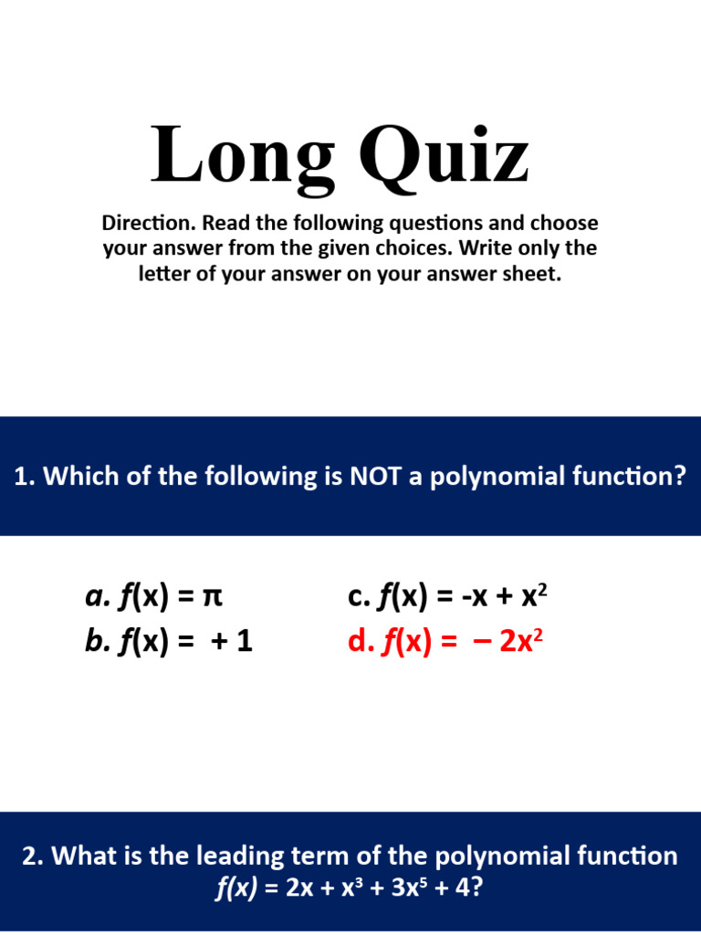 9 Long Quiz Polynomial Functions | PDF | Mathematics | Mathematics Of Computing