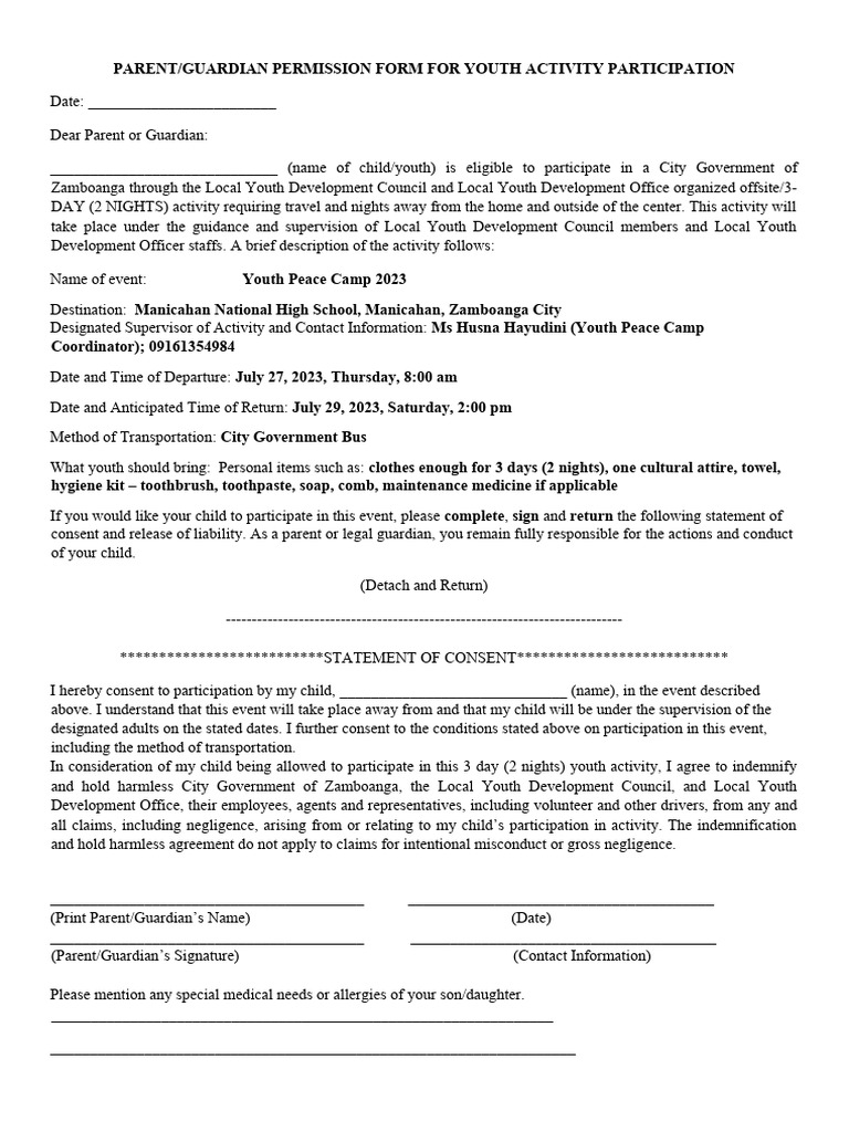 Parents Consent | PDF | Indemnity | Justice