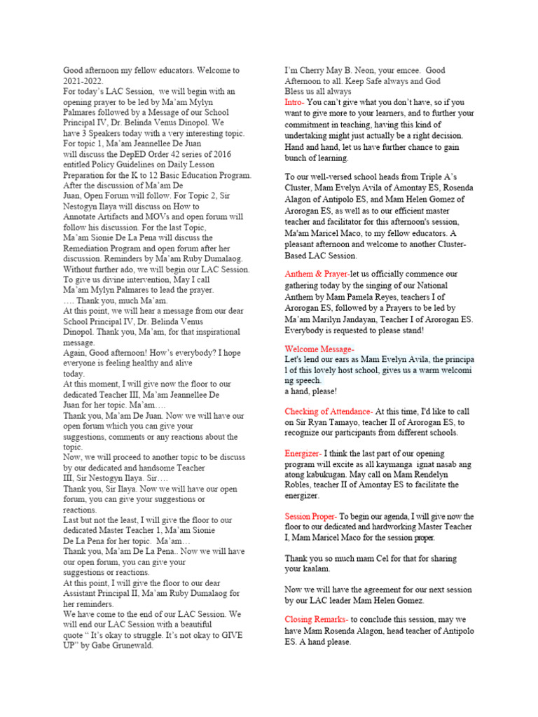 Lac Session Emcee Script Nov.10,2023 | PDF | Career & Growth | Language Arts & Discipline