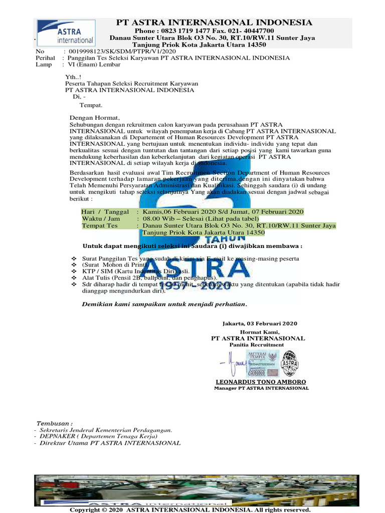 Surat Resmi PT Astra Internasional TBK Indonesia. | PDF
