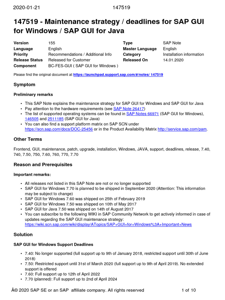 Maintenance Strategy / Deadlines For SAP GUI For Windows / SAP GUI For Java | PDF | Microsoft ...