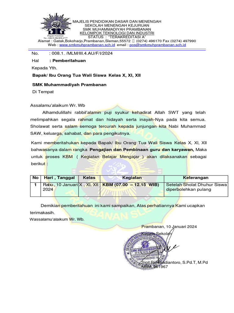 Surat Pemberitahuan KBM (Kegiatan Belajar Mengajar) | PDF