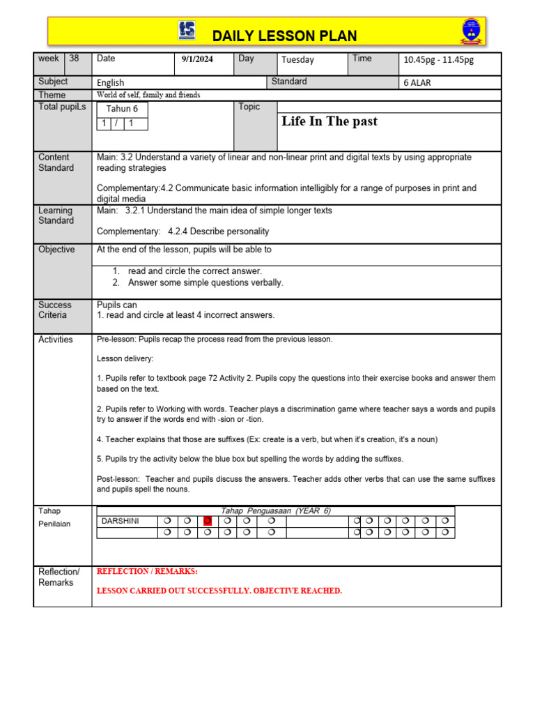 Daily Lesson Plan: Tuesday 10.45pg - 11.45pg English 6 Alar Tahun 6 ...