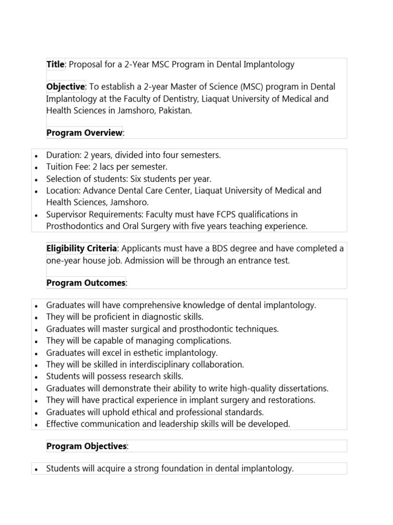 Proposal For A 2-Year MSC Program in Dental Implantology | PDF | Dental Implant | Prosthodontics