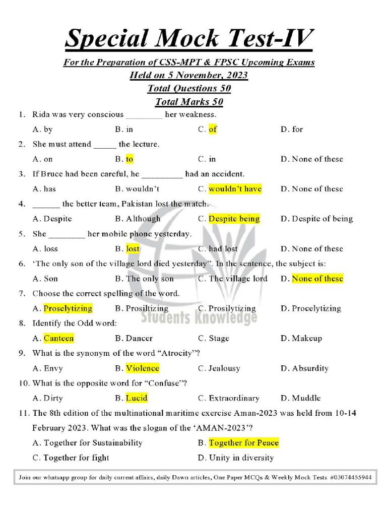 Special Mock Test-IV - Solved Paper | PDF