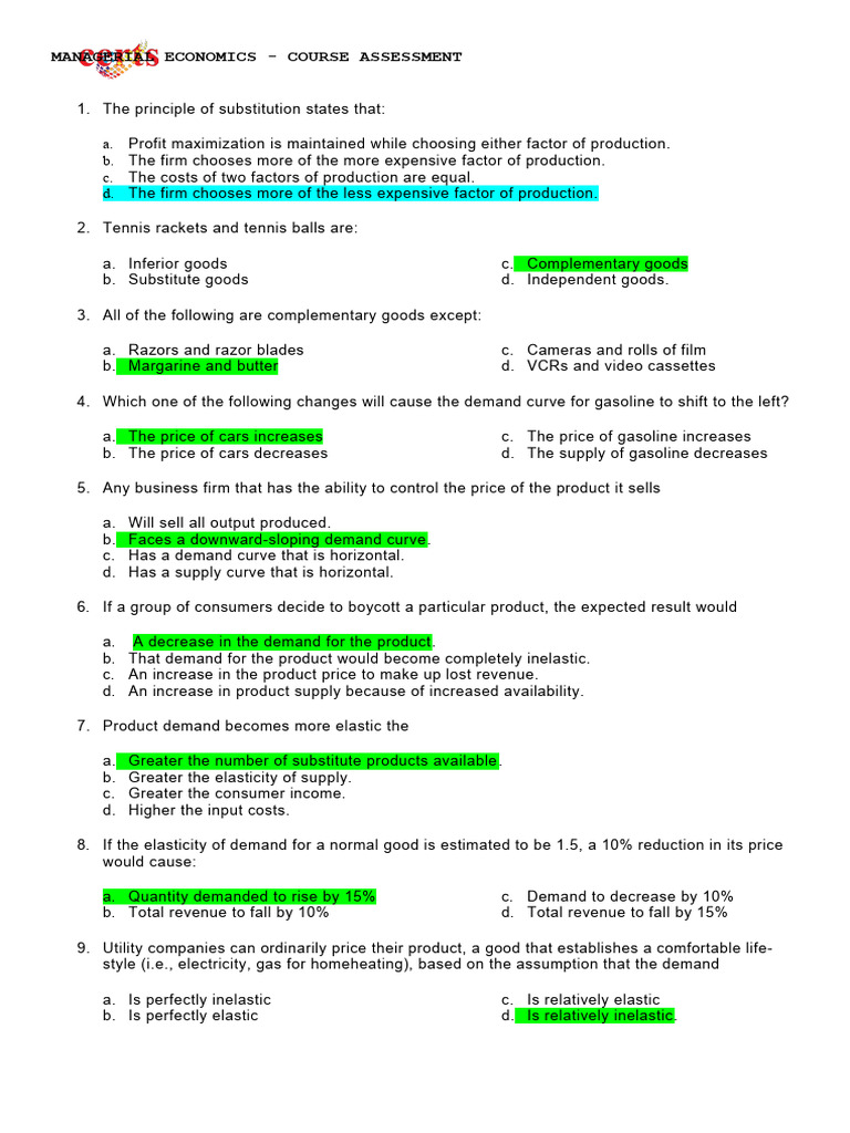 Certs - Managerial Economics - Course Assessment | PDF | Demand | Elasticity (Economics)