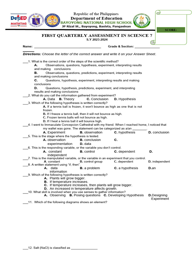 Science 7-1ST Quarter Exam | PDF | Solubility | Sodium Chloride