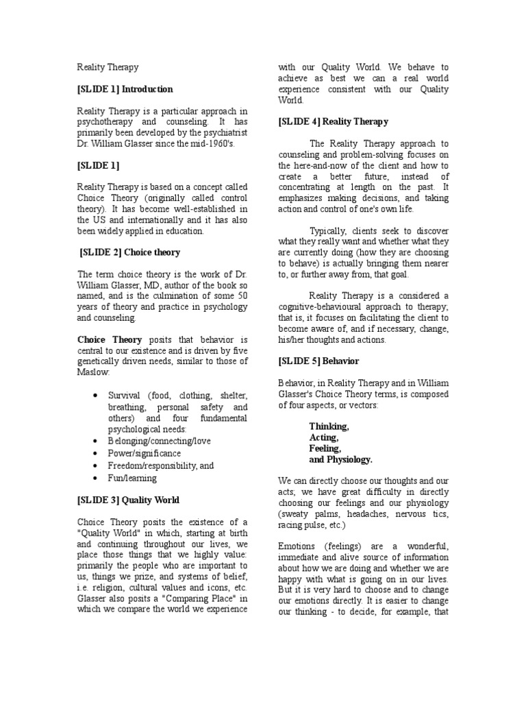Reality Therapy | PDF | Counseling Psychology | Psychotherapy