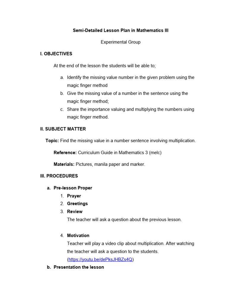 LP Control and Exp. - 022700 | PDF | Multiplication | Lesson Plan