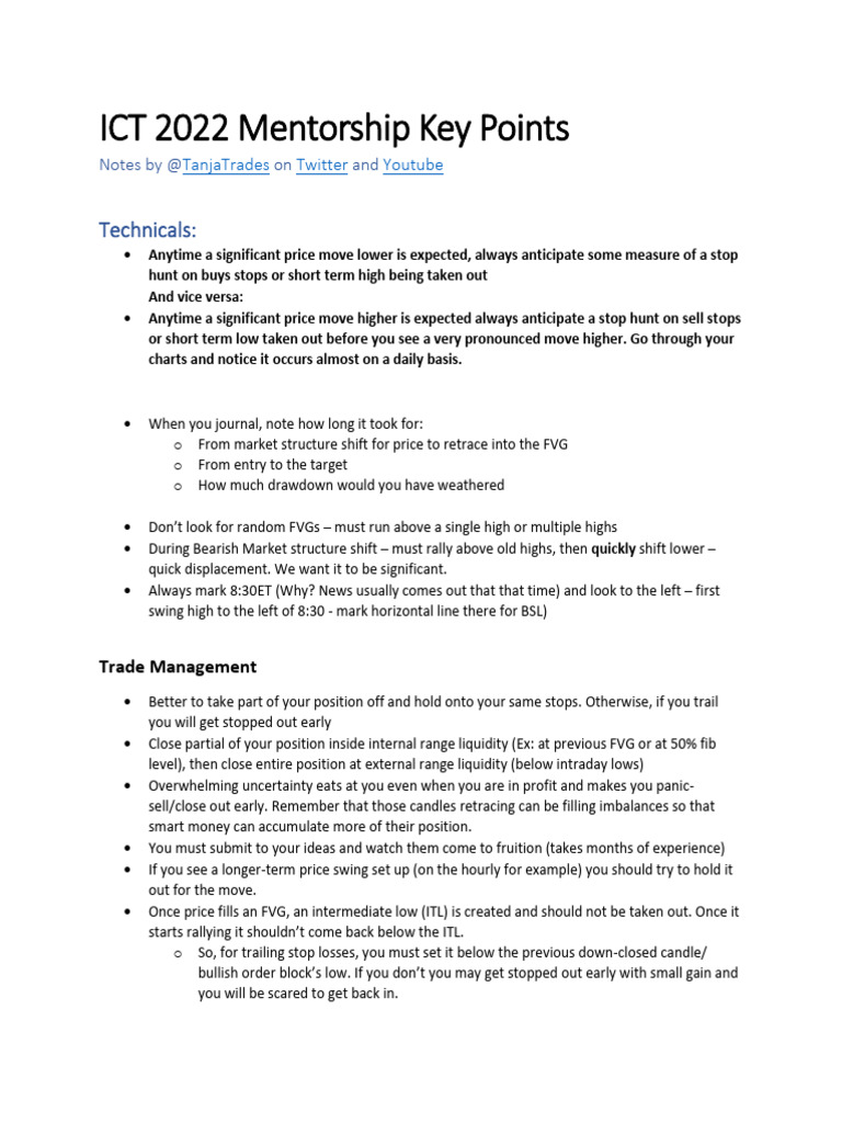 ICT 2022 Mentorship Key Points | PDF | Market Trend | Day Trading