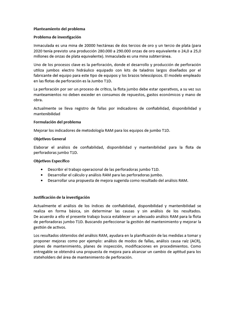 Trabajo Mina Immaculada Perforadora JUMBO T1D | PDF