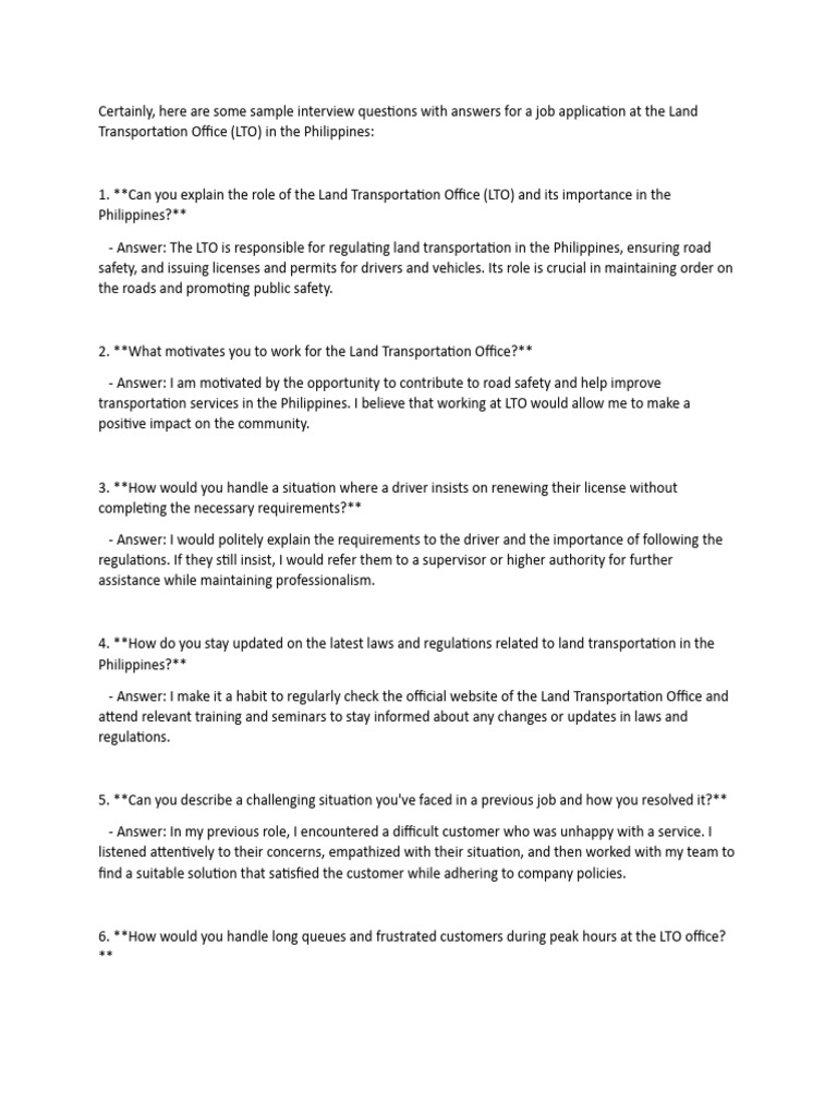 LTO Interview Sample | PDF