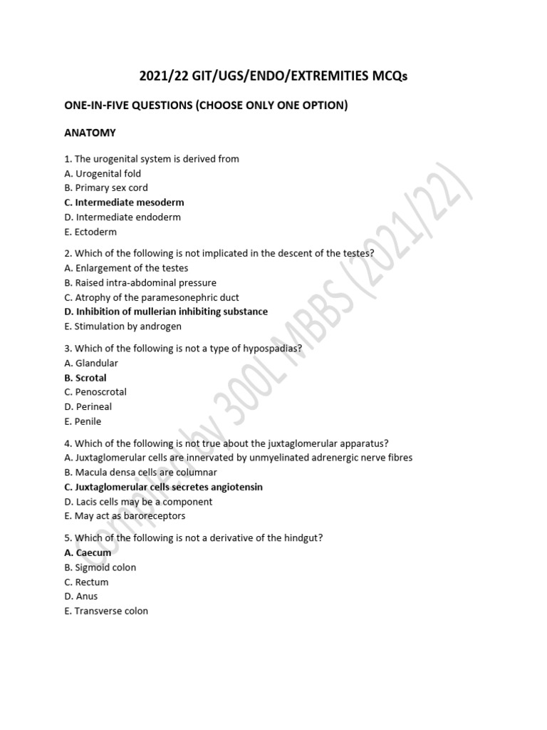 21 - 22 GIT - UGS - ENDO - EXT MCQs-1 | Download Free PDF | Arm ...