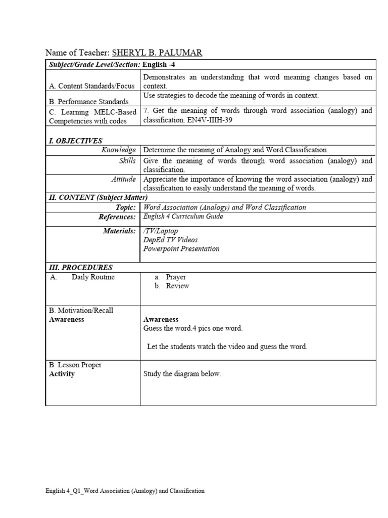 English 4 Q1 Word Analogy Lesson Plan Pdf Analogy Fruit