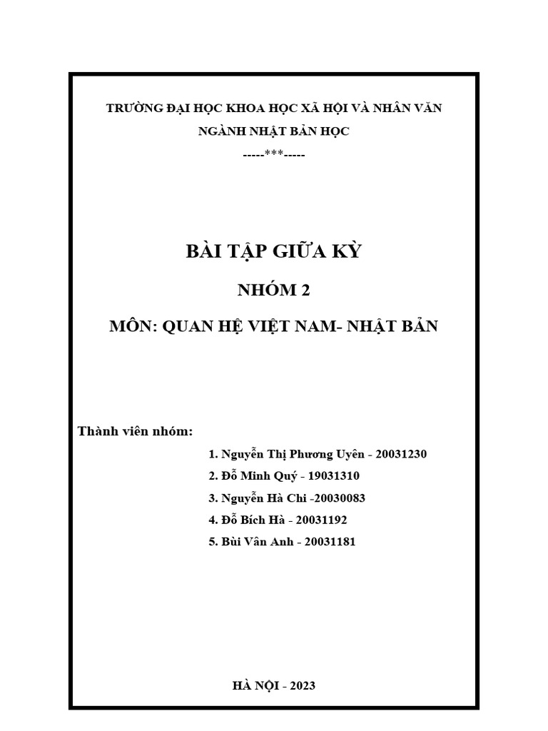 Bài tập giữa kỳ nhóm 2 - Môn Quan hệ VN-NB | PDF