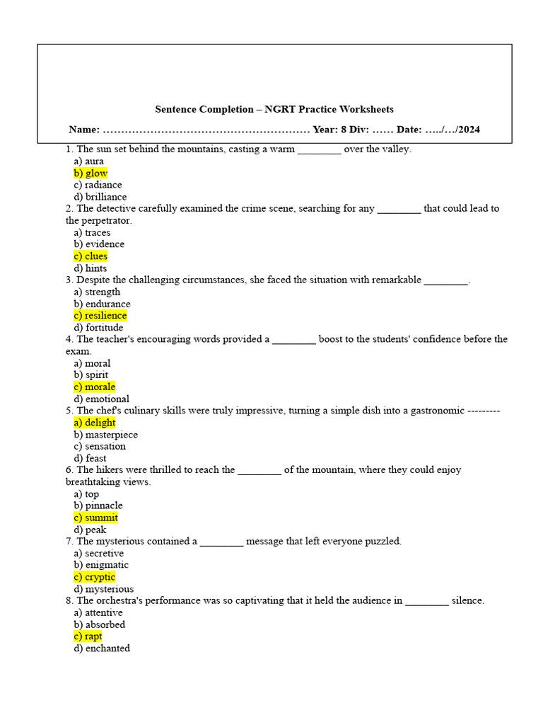 Sentence Completion WS 2 | PDF