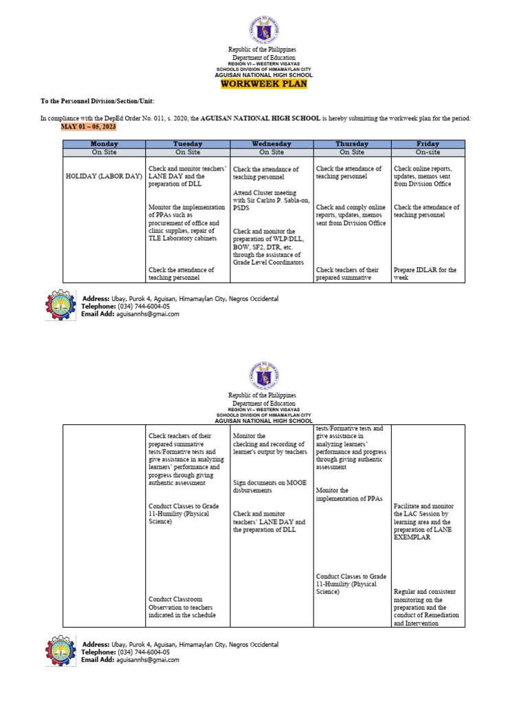 Workweek Plan May J 2023 (Autorecovered) | PDF | Teachers | Workweek And Weekend