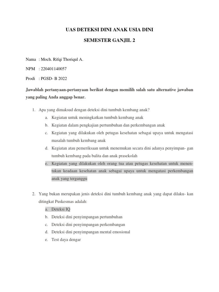 Uas Deteksi Dini Anak Usia Dini | PDF | Karier & Perkembangan | Pengembangan Diri