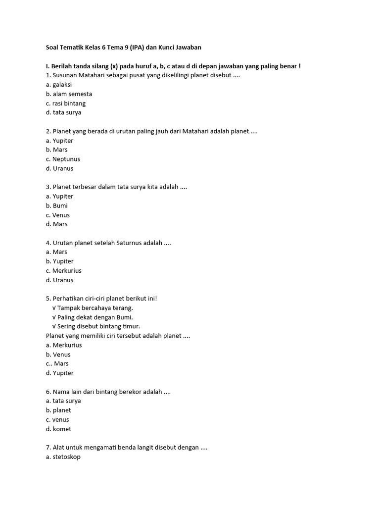 Soal Tematik Kelas 6 Tema 9 (IPA) Dan Kunci Jawaban | PDF | Sains & Matematika