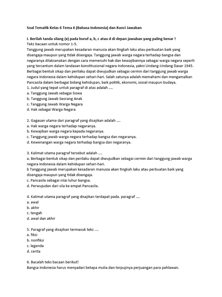 Soal Tematik Kelas 6 Tema 6 Bahasa Indonesia Dan Kunci Jawaban Pdf