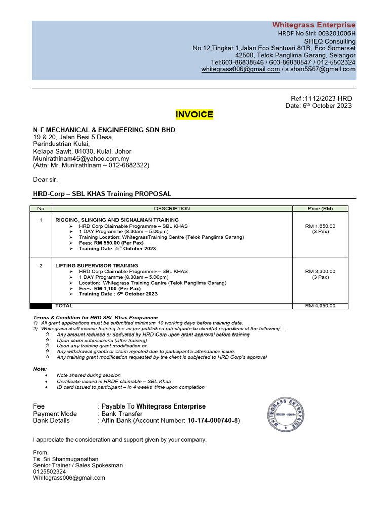 INVOICE 1112 NFL ENGINEERING HRDCORP SBL Khas TRAINING | PDF | Service Industries | Banking