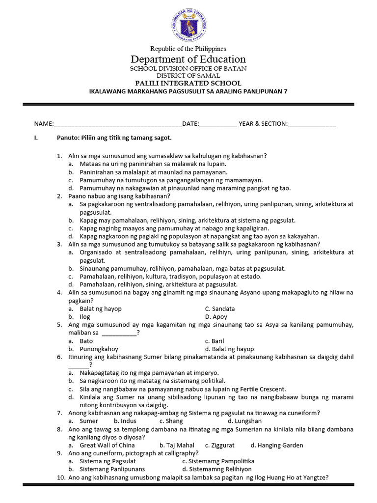 IKALAWANG-MARKAHANG-PAGSUSULIT-SA-ARALING-PANLIPUNAN-7 | PDF IKALAWANG-MARKAHANG-PAGSUSULIT-SA-ARALING-PANLIPUNAN-7 | PDF