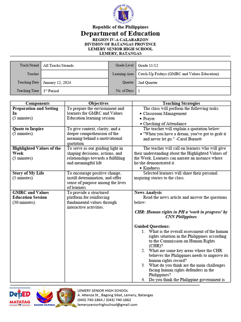 GMRC and Values Education Overview | PDF | Learning | Teachers